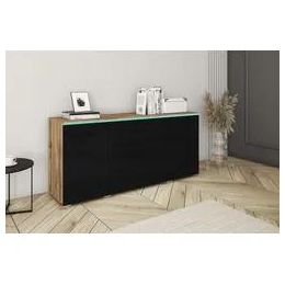 Sideboard Home Affaire "VERA, grifflos", braun (eichefarben votan, schwarz hochglanz), B:150cm H:67,9cm T:39,5cm, Sideboards, Sideboard, verstellbare Einlegeb&ouml;den, Wahlweise mit oder ohne Beleuchtung, Topseller