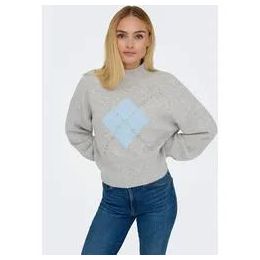 Strickpullover Only "ONLWAKEFIELD LIFE LS BLING HIGHNECK KNT", Damen, Gr. M, light grau melange detail:cashmere blau mel, silber bling, Strick, Obermaterial: 63% Polyester, 33% Polyacryl, 4% Elasthan, bedruckt, regular fit normal, hoch geschlossener Ausschnitt, Rippb&uuml;ndchen, Pullover Strickpullover