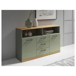 Sideboard OTTO HOME "Ribe,130cm breit,80cm hoch,T&uuml;ren und Schubladen,6 F&auml;cher", salbei, eiche, B:130cm H:80cm T:35cm, FSC-zertifizierter Holzwerkstoff, Massivholz, Sideboards, Sideboard, Oberplatte Eiche massiv,schwarze Metall Griffe