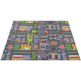 Paco Home Kinderteppich &raquo;Bino 577&laquo; rechteckig 4 mm H&ouml;he Kurzflor, Stra&szlig;en-Spiel-Teppich, Kinderzimmer grau Polyester