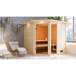 Karibu Sauna &raquo;"Tally" mit bronzierter T&uuml;r und Kranz, naturbelassen&laquo; aus hochwertiger nordischer Fichte beige