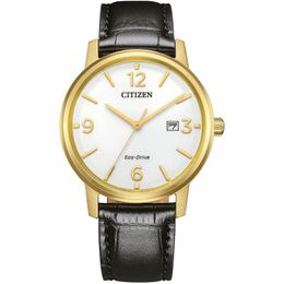 Citizen Damen Solaruhr Armbanduhr, Herrenuhr, Lederarmband, analog, Datum, Eco-Drive schwarz