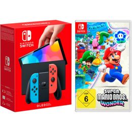 Konsolen-Set &raquo;OLED + Super Mario Bros. Wonder&laquo; 64 GB bunt Schlie&szlig;e die Joy-Con-Controller an die Konsole an. Spiele allein oder mit Freunden, lokal 