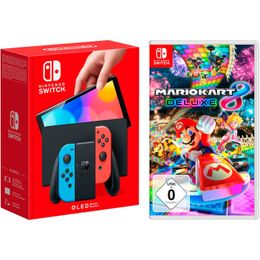 Konsolen-Set &raquo;OLED Neon + Mario Kart 8 Deluxe&laquo; 64 GB bunt Schlie&szlig;e die Joy-Con-Controller an die Konsole an. Spiele allein oder mit Freunden, lokal 