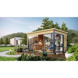 Lasita Maja Gartenhaus &raquo;DOMEO 4 NATUR/ANTHRAZIT&laquo; Fundamentmass 4180 x 3219, Naturbelassen beige Holzwerkstoff