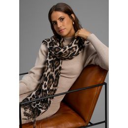 Laura Scott Damen Modeschal im trendigen Leopard-Design mit Fransen - NEW schwarz