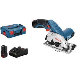 Bosch Professional Akku-Handkreiss&auml;ge &raquo;GKS 12V-26&laquo; Set, 12 V, 26 mm, inkl. 2 Akkus & Ladeger&auml;t silber Staubabsaugungsadapter kompatibel mit Bosch Absaugsystem