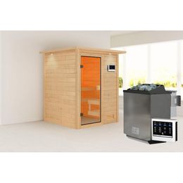 Karibu Sauna &raquo;"Sandy" mit bronzierter T&uuml;r und Kranz, Ofen 9 kW, naturbelassen&laquo; aus hochwertiger nordischer Fichte und 9 kW Ofen mit integr. Steuerung beige