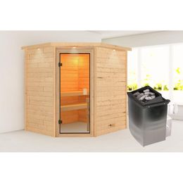 Karibu Sauna &raquo;"Trixi" mit bronzierter T&uuml;r und Kranz, naturbelassen&laquo; aus hochwertiger nordischer Fichte beige