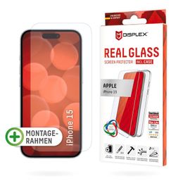 Displex Displayschutzglas &raquo;Real Glass + Case&laquo; f&uuml;r Apple iPhone 15 Displayschutzfolie Displayschutz Rundumschutz 360 Grad splitterfest transparent Kontur und 
