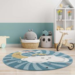 Carpet City Kinderteppich &raquo;Anime9380&laquo; rund 11 mm H&ouml;he Teppich Mond, Wolken, Sterne, Weicher Flor blau Polypropylen (PP)