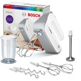 Bosch Handmixer &raquo;Styline MFQ4075DE, 2x R&uuml;hrbesen, Knethaken Edelst., Mixfu&szlig;, wei&szlig;&laquo; 550 W 5 Stufen, Turbotaste, Mixbecher, Made in Europe wei&szlig; 