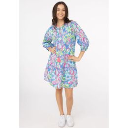 Zwillingsherz Damen Sommerkleid &raquo;"Blumentraum"&laquo; mit floralem Muster, zum Binden mit Tasseln, kontrastfarbige Details bunt L, N-Gr