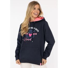Zwillingsherz Damen Hoodie &raquo;"Fernweh nach Meer"&laquo;, mit maritimer Stickerei, K&auml;ngurutaschen blau L/XL (L/XL)