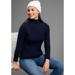 Bruno Banani Damen Rollkragenpullover mit Metalllogo blau 32/34