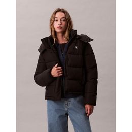 Calvin Klein Jeans Damen Steppjacke &raquo;MATTE MONOLOGO MW SHORT PUFFER&laquo; mit Kapuze Mit Rundhalsausschnitt, regular fit schwarz L (42)