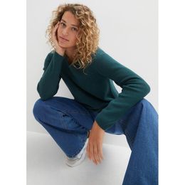 bonprix Damen bonprix Strickpullover &raquo;Milano Rib Pullover mit V-Ausschnitt&laquo; aus Baumwolle und Polyacryl, mit V-Ausschnitt, bequeme Passform blau 36/38