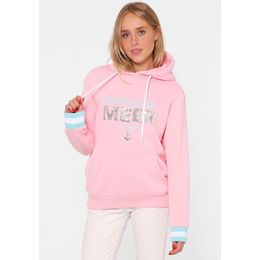 Zwillingsherz Damen Hoodie &raquo;"Gl&uuml;cklich am Meer"&laquo;, mit Pailletten, Kapuze und kontrastfarbigen B&uuml;ndchen rosa L/XL