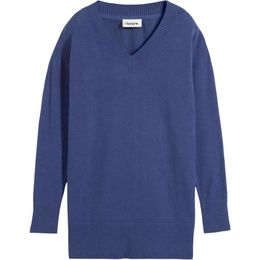 bonprix Damen bonprix Longpullover &raquo;Long-Pullover&laquo; aus Baumwolle und Polyamid, mit V-Ausschnitt, mit Seitenschlitzen blau 56/58 (XXXL)