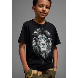 Kidsworld Jungen Kidsworld T-Shirt &raquo;Mit L&ouml;wenprint: LION WITH BLUE EYES&laquo; Kurzarm, Basic-Passform, mit trendigem Druck, Rundhalsausschnitt schwarz 164/