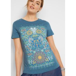 bonprix Damen bonprix T-Shirt &raquo;T-Shirt aus reiner Baumwolle&laquo; Regular Fit, Kurzarm, aus Baumwolle, mit farbenfrohem Print blau 44/46 (L)