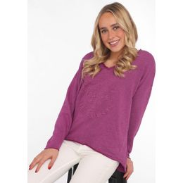 Zwillingsherz Damen Sweatshirt &raquo;"Positive Mind"&laquo;, ausgefranster V-Ausschnitt, Used Look, Langarm, Schriftzug lila SM (S/M)