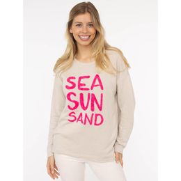 Zwillingsherz Damen Sweater &raquo;"Sea Sand Sun"&laquo;, Flock-Print, ausgefranster Rundhalsausschnitt, Langarm beige L/XL