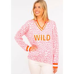 Zwillingsherz Damen Sweatshirt &raquo;"Leo Pastell"&laquo;, mit V-Ausschnitt, gestreiften B&uuml;ndchen und WILD Applikation pink S/M