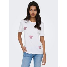 Kurzarmshirt Only "ONLKITA REG S/S PRINT TOP NOOS", Damen, Gr. L, hellwei&szlig; detail:rosy touch cute bows, Jersey, Obermaterial: 100% Baumwolle, bedruckt, regular fit normal, Rundhals, Shirts