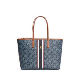 Tragetasche Tommy Hilfiger "TH MONOPLAY TOTE STRIPE LE", Damen, Gr. B/H/T: 43cm x 27cm x 15cm, blau, Leder, Lederimitat, Taschen, Damen Handtasche, Tragetasche mit Allover TH-Druck