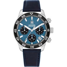 Chronograph Tommy Hilfiger "TH85 CHRONOGRAPH", blau (dunkelblau), Armbanduhren, Damen, Chronograph, Quarzuhr, Armbanduhr, Herrenuhr, Lederarmband, analog, Tag