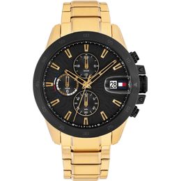 Multifunktionsuhr Tommy Hilfiger "JAMESON", gold (goldfarben, schwarz), Armbanduhren, Damen, Quarzuhr, Armbanduhr, Herrenuhr, Edelstahlarmband, analog, Tag