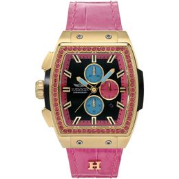 Chronograph Haemmer Germany "TONNEAU", schwarz (pink, schwarz), Armbanduhren, Damen, Chronograph, Quarzuhr, Armbanduhr,Damenuhr,Lederarmband,digital,Datum,Stoppfunktion