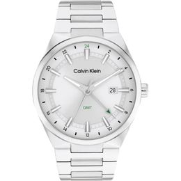 Quarzuhr Calvin Klein "DISTINGUISH GMT", silber (silberfarben, silberfarben), Armbanduhren, Damen, Quarzuhr, Armbanduhr, Herrenuhr, Edelstahlarmband, analog, Tag, 2. Zeitzone