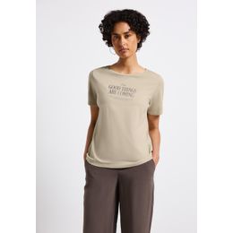 T-Shirt Street One, Damen, Gr. 34, beige (coastal beige), Web, 100% Baumwolle, meliert, normal normal, Rundhals, abgesteppt, Shirts T-Shirt, mit Wording