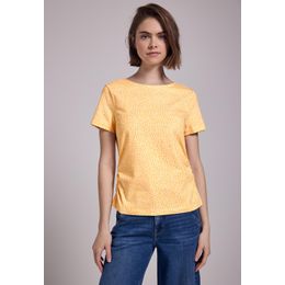 T-Shirt STREET ONE STUDIO, Damen, Gr. 44, gelb (blend gelb), Web, 94% Baumwolle, 6% Elasthan, bedruckt, gerade normal, U-Boot-Ausschnitt, B&uuml;ndchen, Shirts T-Shirt, mit grafischem Muster