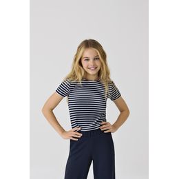 T-Shirt KIDS Only "KOGNELLA STRIPED S/S O-NECK TOP JRS", M&auml;dchen, Gr. 122/128, blau (night sky stripes:horizontal cloud dancer), Jersey, Obermaterial: 65% Polyester, 30% Viskose, 5% Elasthan, geringelt, gestreift, h&uuml;ftlang, Rundhals, Shirts T-Shirt
