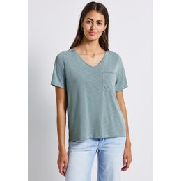 T-Shirt Street One, Damen, Gr. 36, blau (arona blau), Stoff, 70% Modal, 30% Polyester, unifarben, normal normal, V-Ausschnitt, abgesteppt, Shirts T-Shirt, mit Brusttasche
