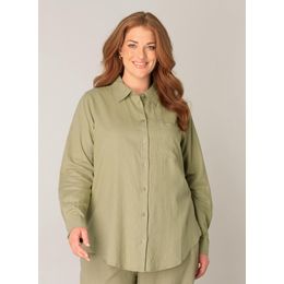 Langarmbluse Base Level Curvy "Yaella", Damen, Gr. 44, soft army, Web, Obermaterial: 55% Leinen, 45% Viskose, unifarben, regular fit h&uuml;ftbedeckend, Rundhals, 1-Knopf-Manschette krempelbar, Blusen, mit Knopfleiste und aus Leinen