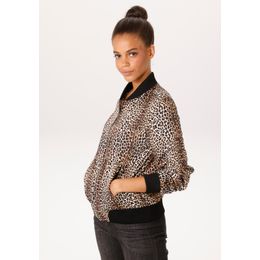Blouson Aniston CASUAL, Damen, Gr. 34, schwarz, wollwei&szlig;, hellbraun, sand, Cr&ecirc;pe, Obermaterial: 100% Polyester. Futter: 100% Polyester, Animal-Print, bedruckt, gemustert, figurumspielend h&uuml;ftlang, Rippb&uuml;ndchen, Jacken Blouson, mit trendigem Leo-Print - NEUE KOLLEKTION