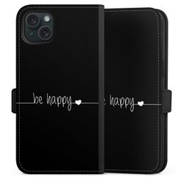 DeinDesign iPhone 15 Plus Handy Klapph&uuml;lle Handyh&uuml;lle aus Kunst Leder schwarz Flip Case Statement Sayings Happiness Sideflip mit Lasche