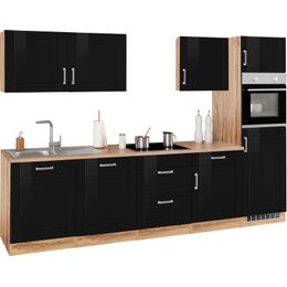 K&uuml;chenzeile KOCHSTATION "KS-Tinnum", schwarz (k&uuml;che: schwarz, korpus: wotaneichefarben, arbeitsplatte: wotaneichefarben), B:300cm T:60cm, Komplettk&uuml;chen-Sets, K&uuml;chenzeile, ohne E-Ger&auml;te, Breite 300 cm