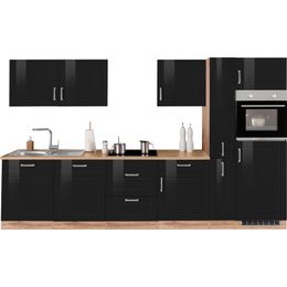 K&uuml;chenzeile KOCHSTATION "KS-Tinnum", schwarz (k&uuml;che: schwarz, korpus: wotaneichefarben, arbeitsplatte: wotaneichefarben), B:330cm T:60cm, Komplettk&uuml;chen-Sets, K&uuml;chenzeile, ohne E-Ger&auml;te, Breite 330 cm