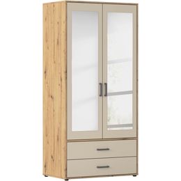Dreht&uuml;renschrank Rauch "Kleiderschrank Schrank Garderobe W&auml;scheschrank VOYAGER", beige (champagner), eiche artisan, B:93cm H:194cm T:53cm, Holzwerkstoff, Schr&auml;nke, Dreht&uuml;renschrank, mit modernen Griffen in Graumetallic, inkl. Schubk&auml;sten und Spiegel