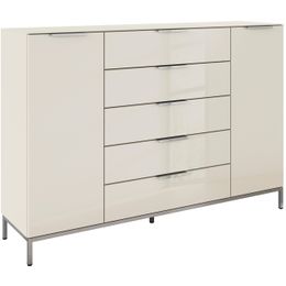 Schubkastenkommode Rauch "Kommode T&uuml;rkommode Sideboard Kombikommode FLIPP mit Glasfront", beige (beige, glas beige (champagner)), B:160cm H:110cm T:42cm, Holzwerkstoff, Sideboards, 2-t&uuml;rig, 5 Schubladen, Soft-Close, Oberboden und Front Glas, 2 Breiten