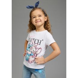 T-Shirt Kidsworld "Disney STITCH : perfect match", M&auml;dchen, Gr. 104/110, wei&szlig;, Single Jersey, Obermaterial: 100% Baumwolle, bedruckt, Basic normal, Rundhals, abgesteppte Kante, Shirts T-Shirt, Kurzarm, mit Rundhalsausschnitt, bedruckt, aus Baumwolle