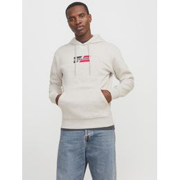 Jack & Jones Kapuzensweatshirt JACK & JONES "JJECORP GRAPHIC SWEAT HOOD NOOS", Herren, Gr. M, wei&szlig; (wei&szlig; melange detail:01), angeraute Sweatware, Obermaterial: 70% Baumwolle, 30% Polyester, bedruckt, meliert, relaxed fit taillenbedeckt, ohne Ausschnitt, Rippb&uuml;ndchen, Sweatshirts Kapuzensweatshirt, mit Logo Print