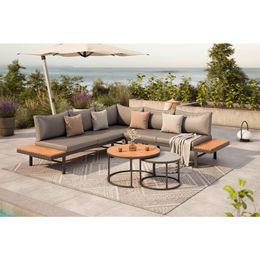 Ambia Garden Loungegarnitur, Grau, Holz, Metall, Glas, Akazie, massiv, F&uuml;llung: Komfortschaum,Polyester, L-Form, UV-best&auml;ndig, Tisch mit Glasplatte, Loungem&ouml;bel, Gartenlounge-Sets