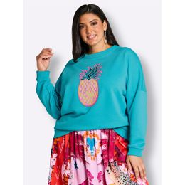sheego loves miss goodlife Damen Sweatshirt mit Frontprint, t&uuml;rkis-pink-bedruckt, Gr&ouml;&szlig;e 46