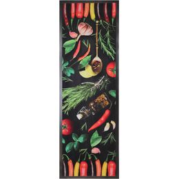 K&uuml;chenl&auml;ufer, B:50cm H:6,5mm L:150cm, schwarz, PRIMAFLOR-IDEEN IN TEXTIL, Polyamid, Teppiche, "CHILI HERBS, Made in Belgium", Chili-Kr&auml;uter Motiv,